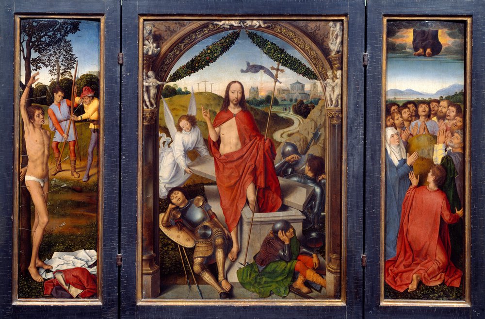 复活的三联画。左图：圣塞巴斯蒂安的殉道。右边：基督的升天。中间的是复活。汉斯-梅姆林（1435-1494）的画作，Ec.弗拉姆。